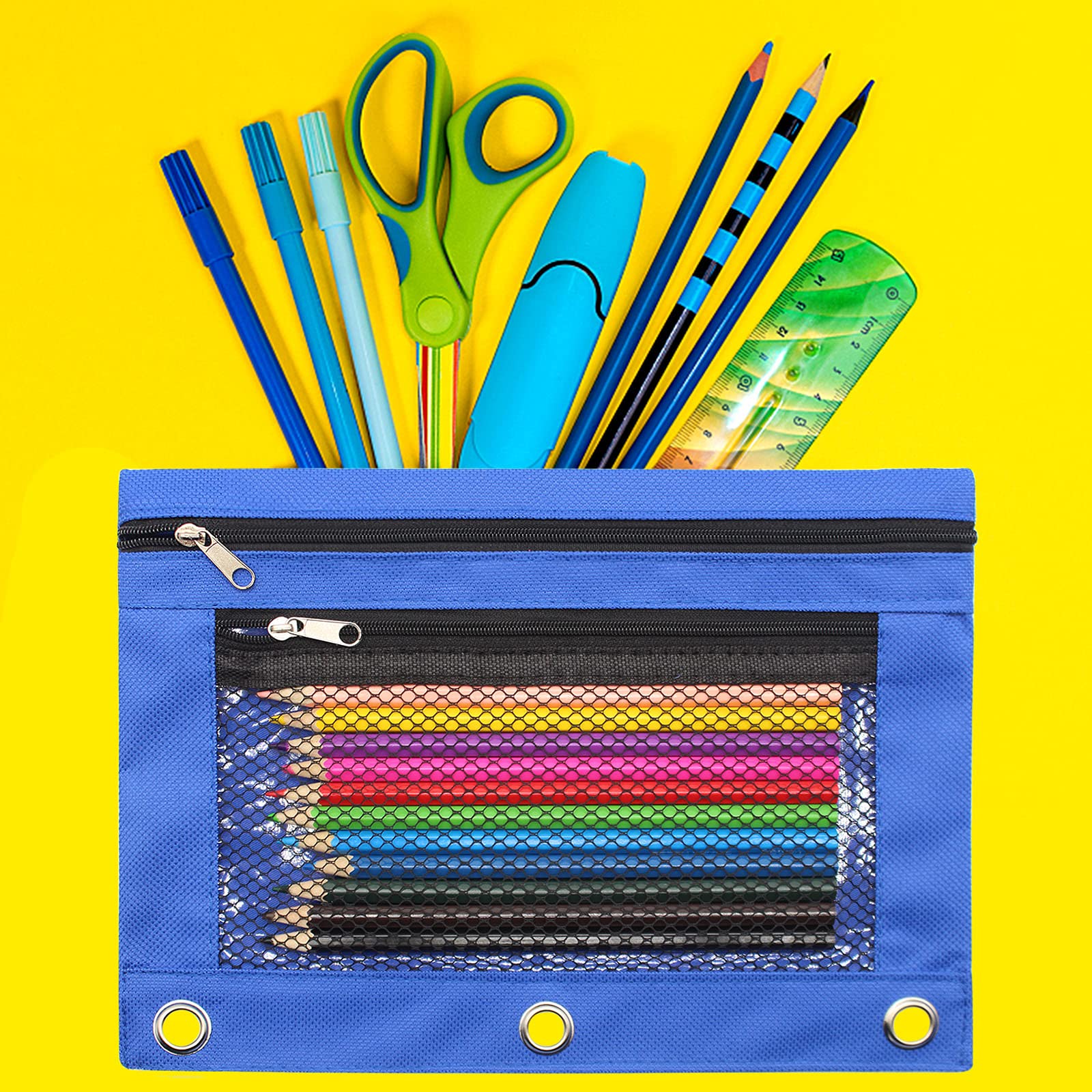 Cinvo Pencil Pouch 3 Ring Binder Pouch Zippered Pencil Case Canvas Pencil Bag with 2 Compartments (Set of 2, Blue and Orange)