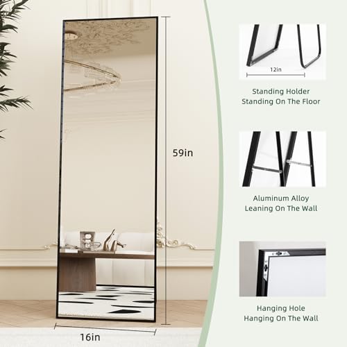 Beauty4U Beveled Edge Full Length Floor Mirror, 59" x 16" Free Standing Hanging or Leaning Body Mirror, Wall-Mounted Mirror Dressing Mirror for Bedroom, Bathroom, Black