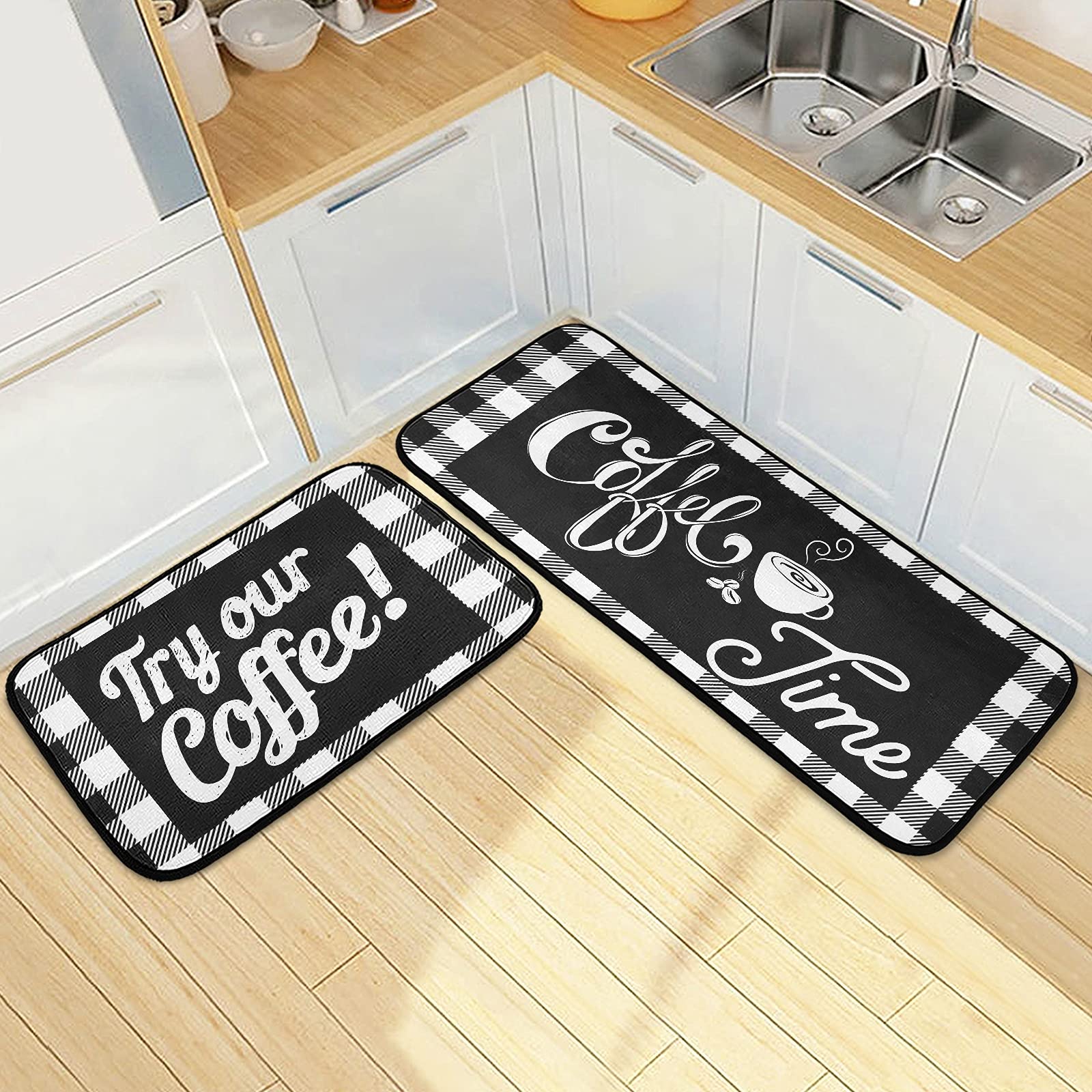 Buffalo Plaid Checked Coffee Time Kitchen Mat Set of 2 Anti-Fatigue Kitchen Rug Set Non Slip Washable Cushioned Memory Foam Kitchen Runner Rugs and Mats Comfort Mat for Farmhouse Doormat Bathroom