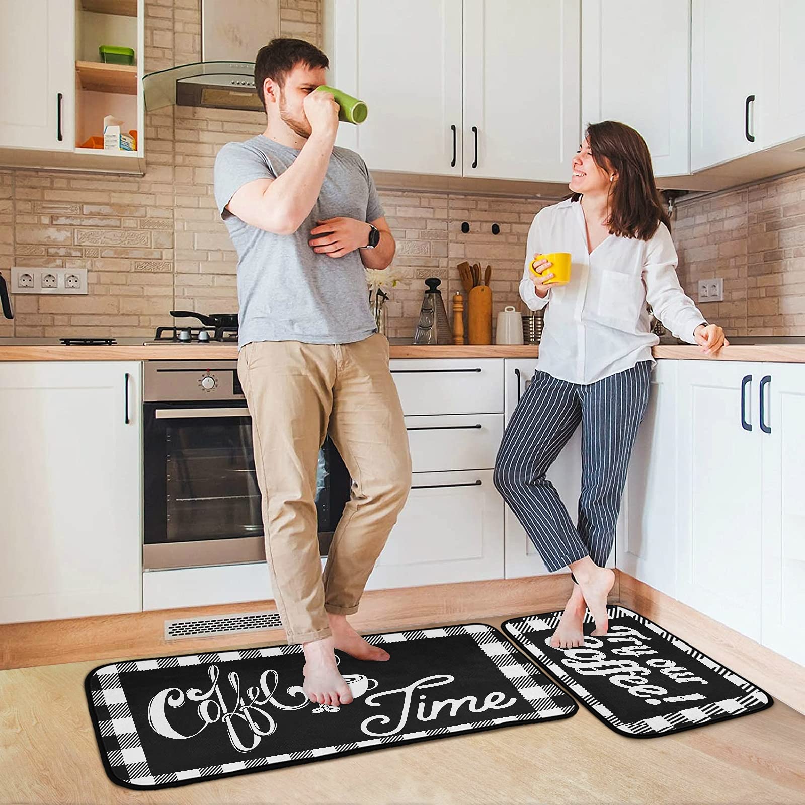 Buffalo Plaid Checked Coffee Time Kitchen Mat Set of 2 Anti-Fatigue Kitchen Rug Set Non Slip Washable Cushioned Memory Foam Kitchen Runner Rugs and Mats Comfort Mat for Farmhouse Doormat Bathroom