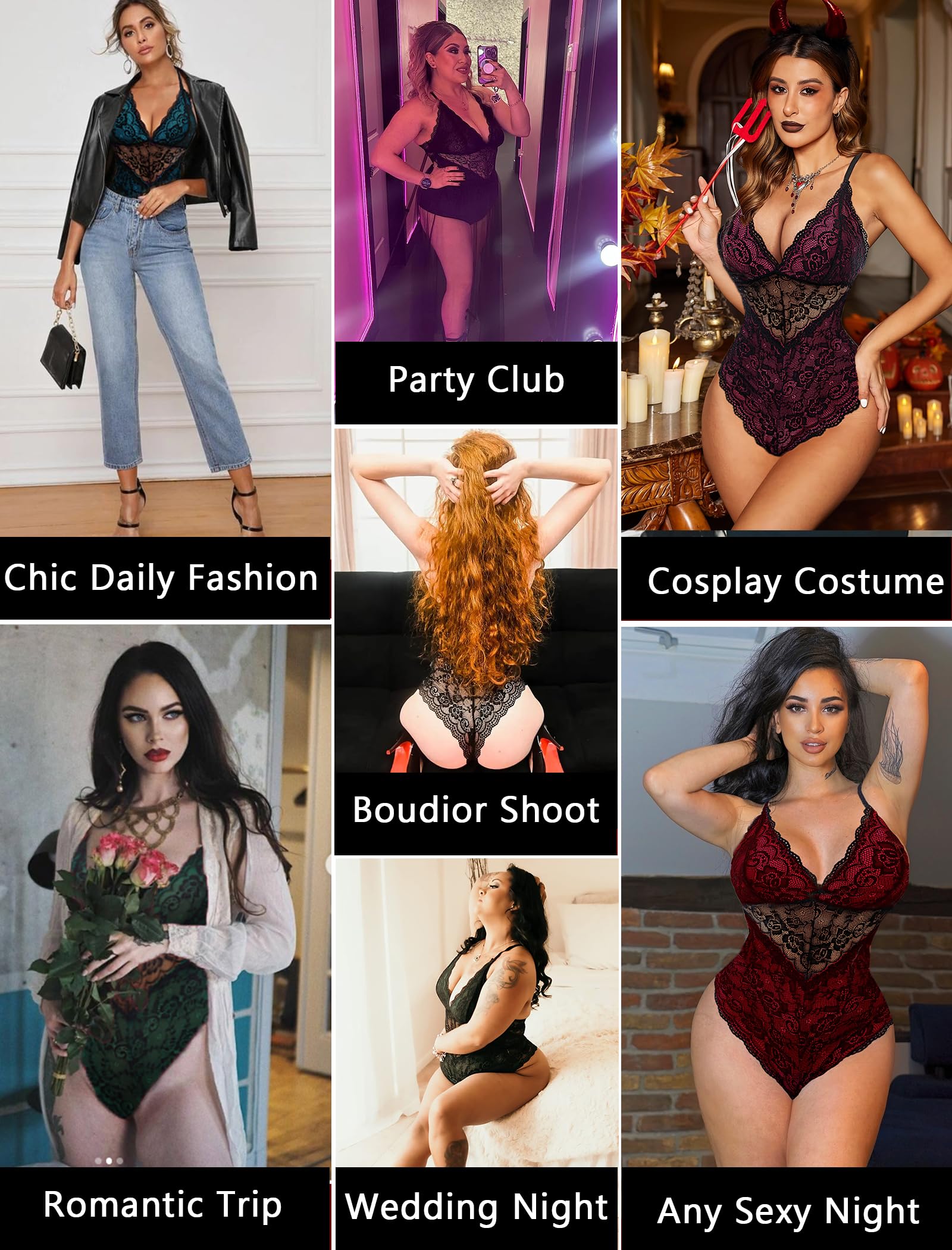 Avidlove Women One Piece Lingerie Deep V Teddy Contrast Lace Bodysuit Mini Babydoll (Green,L)