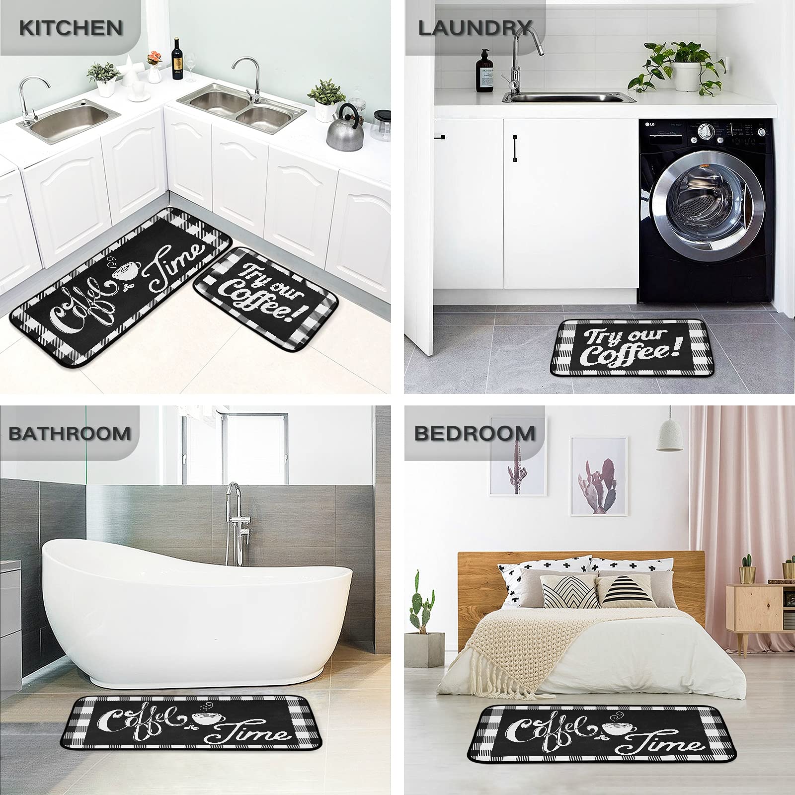 Buffalo Plaid Checked Coffee Time Kitchen Mat Set of 2 Anti-Fatigue Kitchen Rug Set Non Slip Washable Cushioned Memory Foam Kitchen Runner Rugs and Mats Comfort Mat for Farmhouse Doormat Bathroom