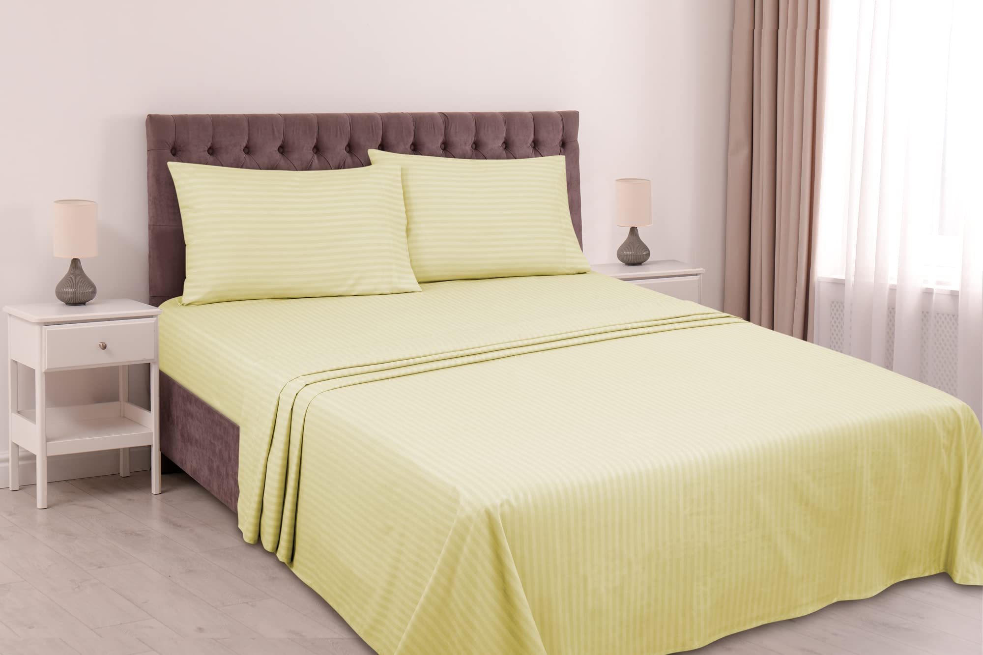 ROYALE LINENS 4 Piece Full Sheets Set - Soft Brushed 1800 Microfiber Bedding - 1 Fitted, 1 Flat Sheet, 2 Pillow Cases - Wrinkle Free & Fade Resistant - Hotel Luxury Bed Sheets (Stripe Beige, Full)