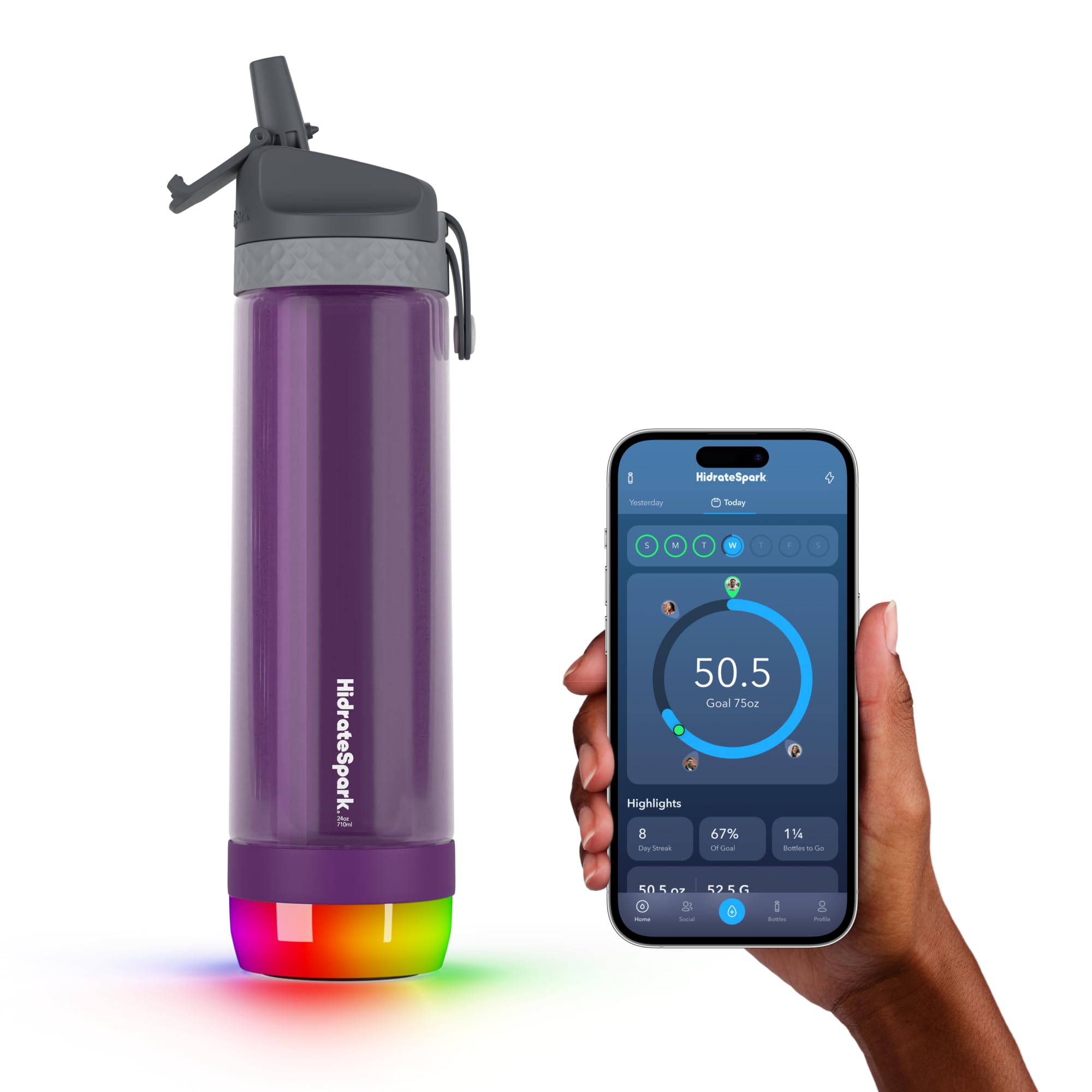 Hidrate Spark PRO Lite Smart Water Bottle – Tritan Plastic – Tracks Water Intake with Bluetooth, LED Glow Reminder When You Need to Drink – Straw Lid, 24 oz, Wildberry