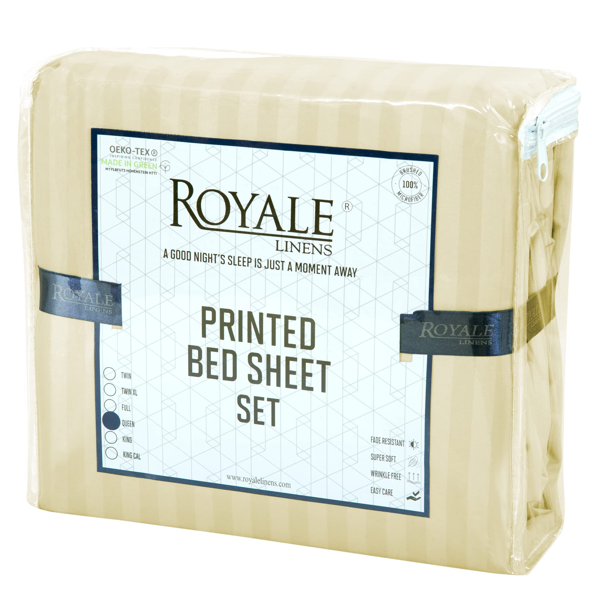 ROYALE LINENS 4 Piece Full Sheets Set - Soft Brushed 1800 Microfiber Bedding - 1 Fitted, 1 Flat Sheet, 2 Pillow Cases - Wrinkle Free & Fade Resistant - Hotel Luxury Bed Sheets (Stripe Beige, Full)