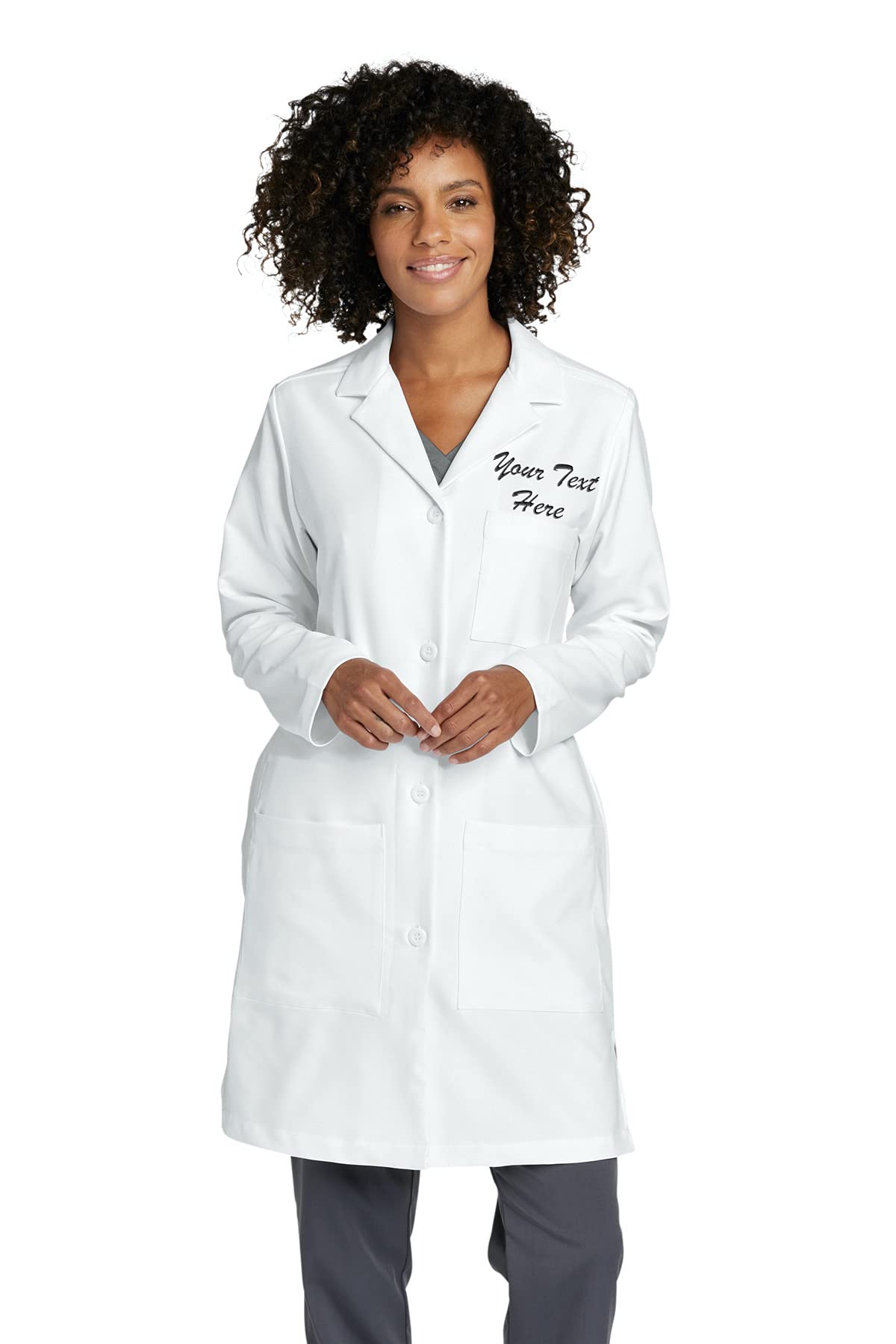 Custom Embroidered Womens Medical Laboratory Coats - Add Your Name or Text - Long Sleeve 3-Pocket Long Lab Coats