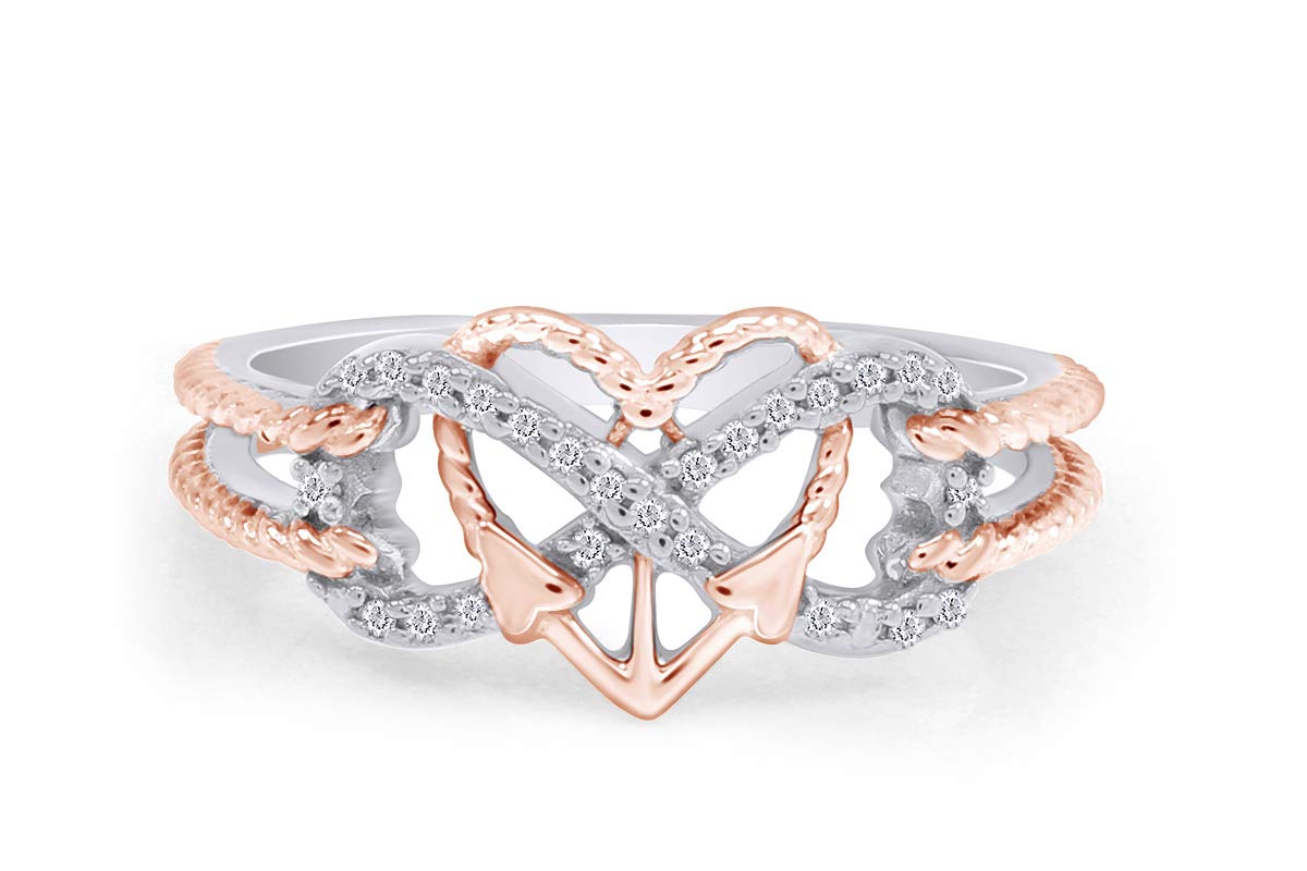 1/10 CT Natural Diamond Two Tone Heart Infinity Anchor Rope Promise Ring 14k White Gold Over Sterling Silver (I-J Color, I2-I3 Clarity, 0.10 Cttw) Ring Size -8.5