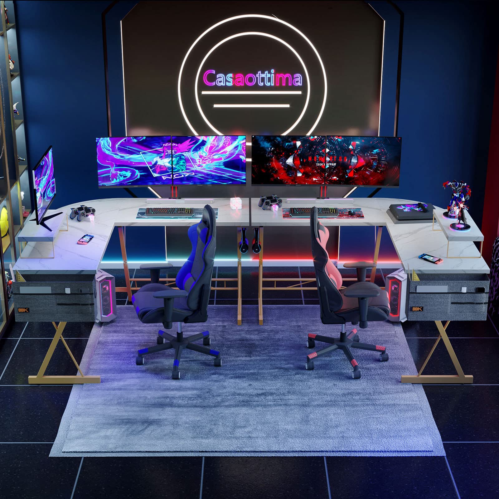 Casaottima L Shaped Gaming Desk, Home Office Desk with Round Corner, Computer Desk with Large Monitor Stand Desk Workstation