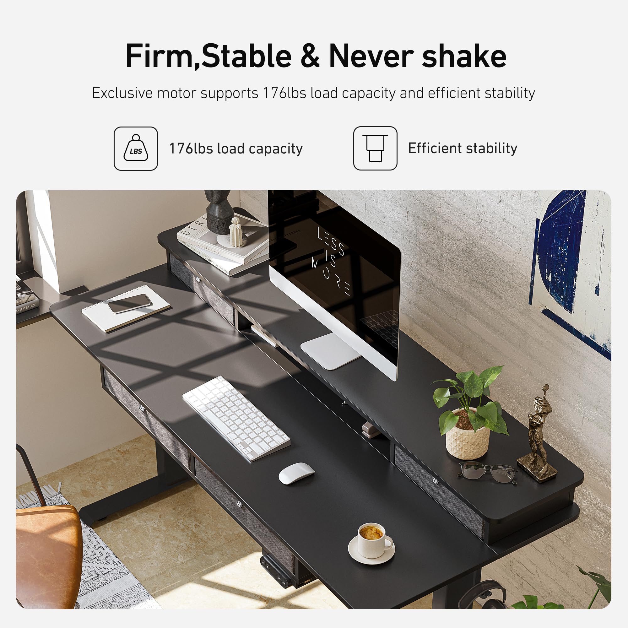 FEZIBO Sturdy Height Adjustable Electric Standing Desk with Drawers, 48 x 24 Inch Stand Up Table with Large Storage Shelf, Sit Stand Desk, Black Top