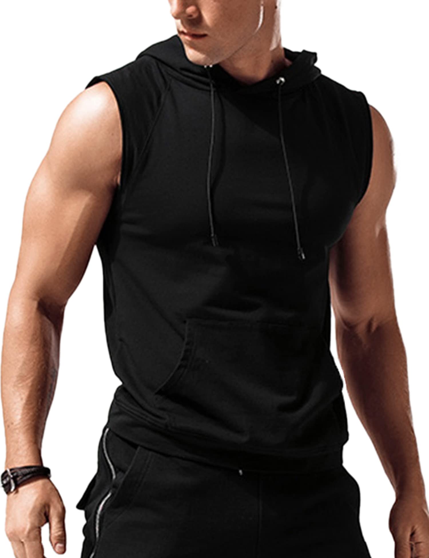 Amussiar Men's Workout Hooded Tank Top Athletic Muscle Sleeveless Hoodies Dry Fit Running Shirt Black