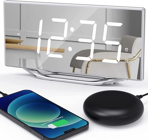 Alarm Clock for Heavy Sleepers Adults, 8.7'' Large Led Digital Mirror Alarm Clock with USB Charger, Vibrating Alarm Clock with Bed Shaker, Battery Backup Snooze Dual Alarm Dimmer, for Teens Adults