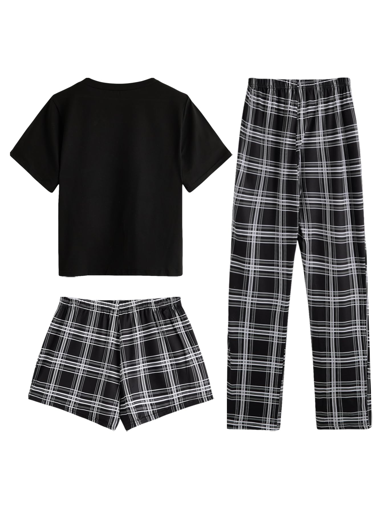 Verdusa Women's 3 Piece Plaid Print Pajama Sets Tee Top and Shorts Pants Pj Set Black X-Small