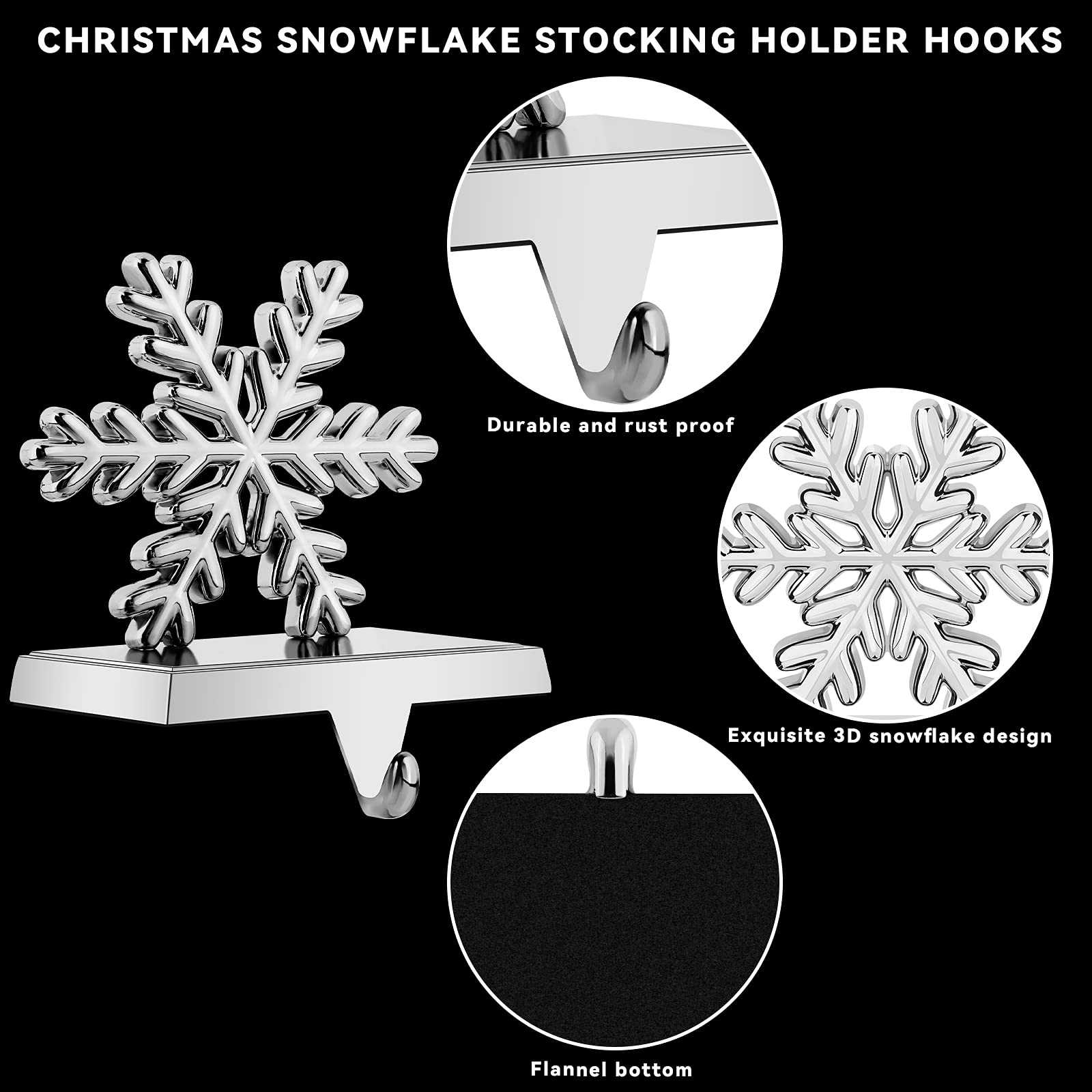 URATOT Pack of 4 Christmas Stocking Holders Snowflake Stocking Hangers Mantel Stocking Hooks for Christmas Decoration, Silver
