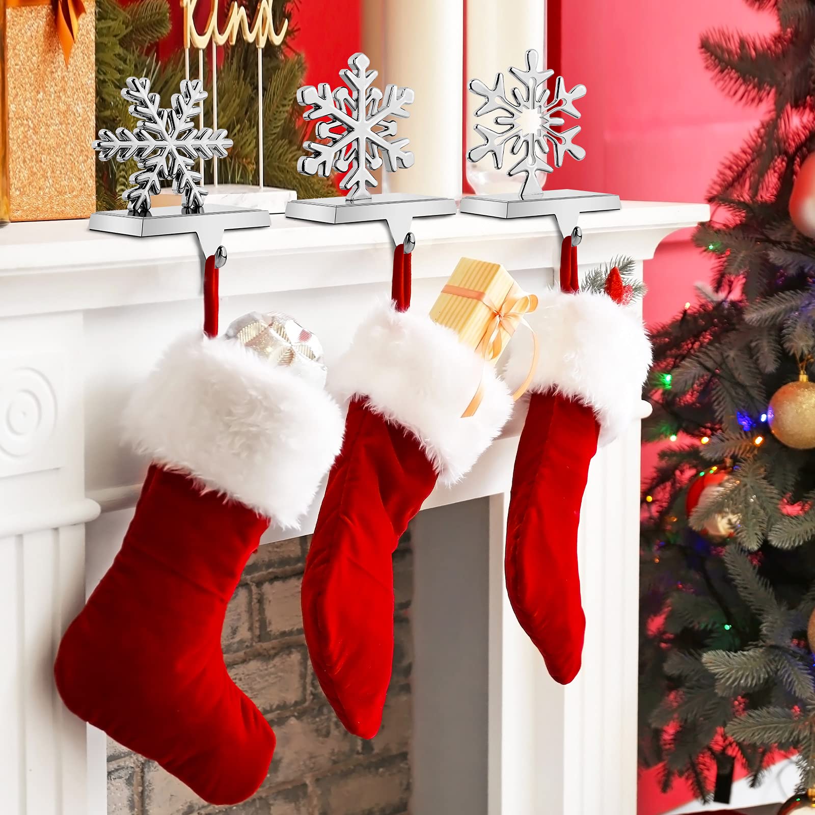URATOT Pack of 4 Christmas Stocking Holders Snowflake Stocking Hangers Mantel Stocking Hooks for Christmas Decoration, Silver
