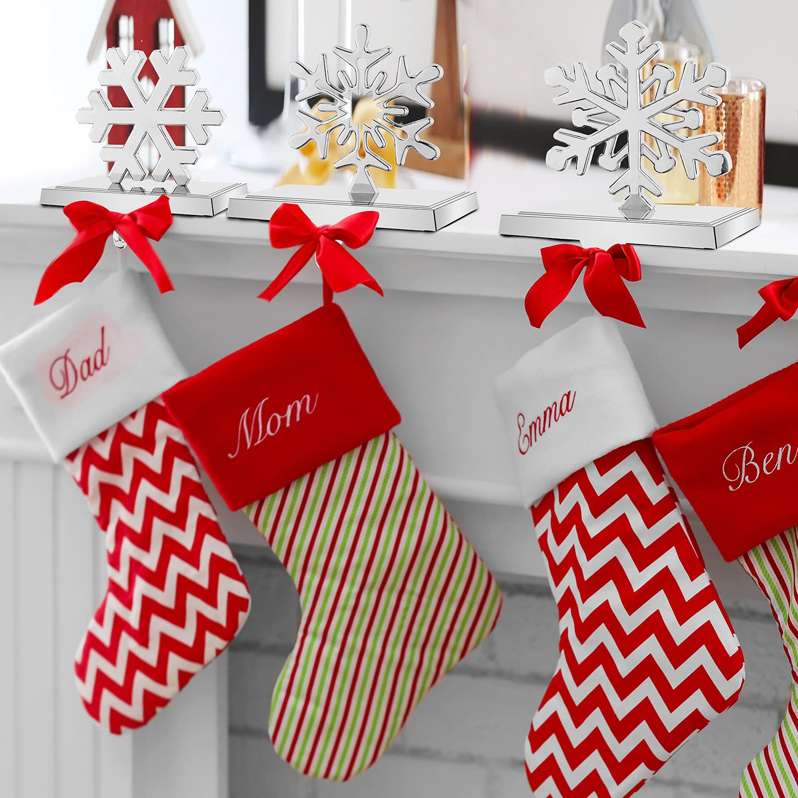URATOT Pack of 4 Christmas Stocking Holders Snowflake Stocking Hangers Mantel Stocking Hooks for Christmas Decoration, Silver