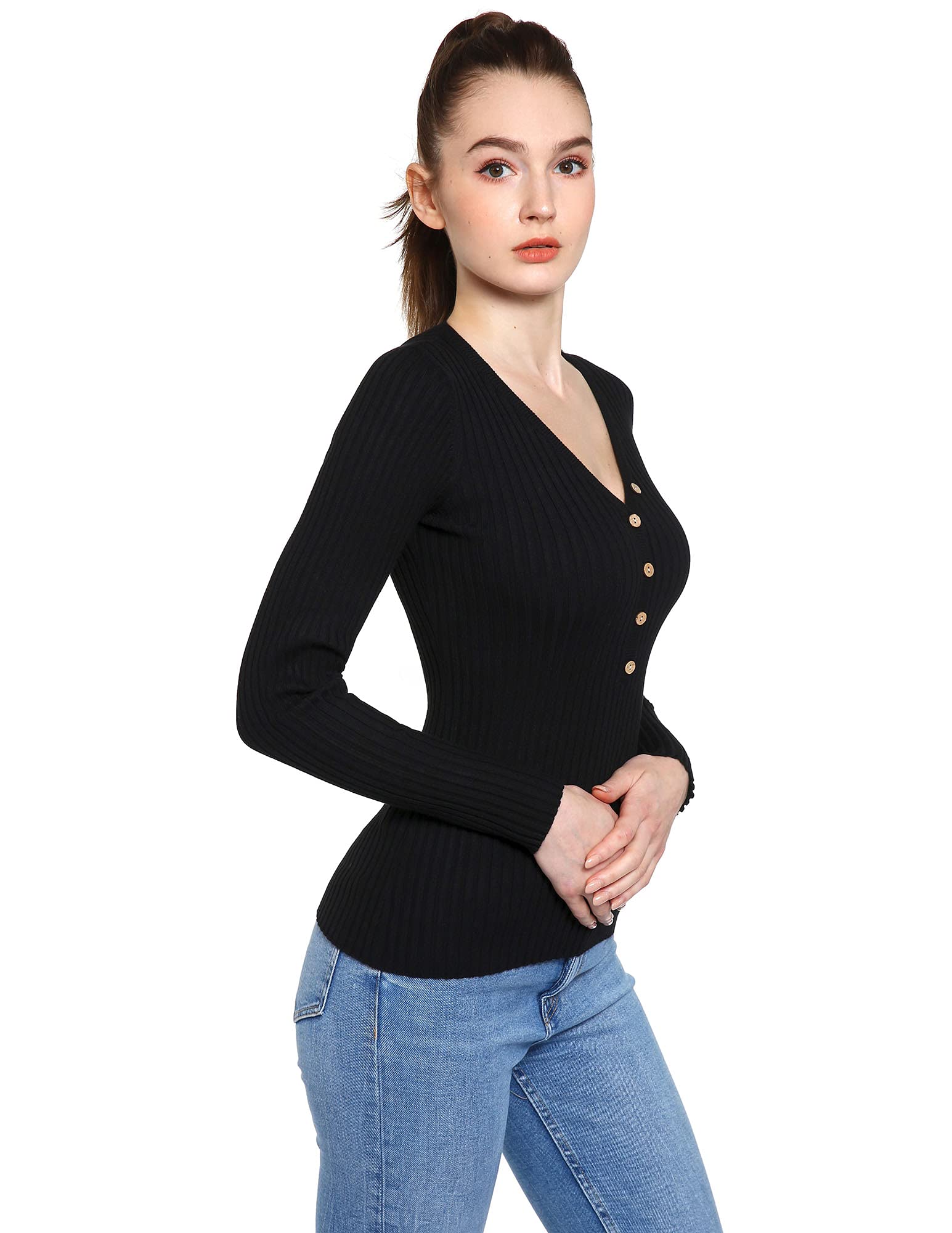 AmélieBoutik Women V Neck Henley Long Sleeve Pullover Ribbed Sweater (Black Medium)