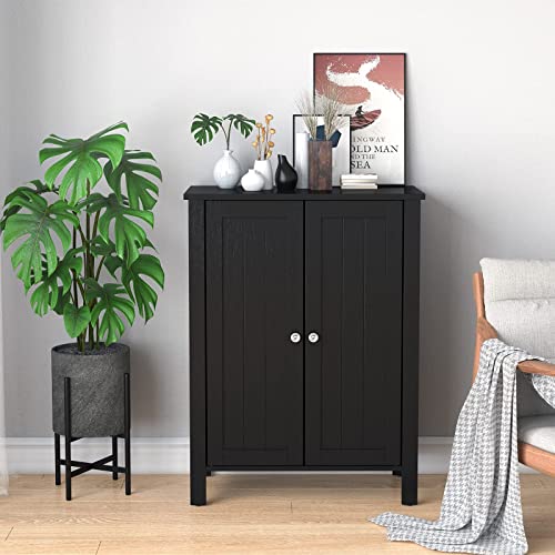 Tangkula Bathroom Floor Cabinet, with Double Door & Adjustable Shelf, 3 Tier Wooden Bathroom Storage Cabinet for Home Office, 23.5 x 12 x 31.5 Inches (Black)