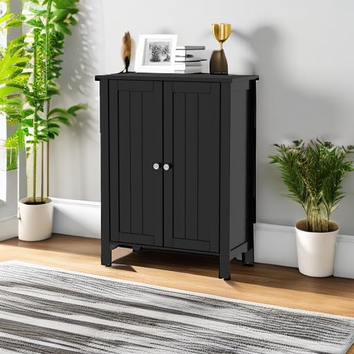 Tangkula Bathroom Floor Cabinet, with Double Door & Adjustable Shelf, 3 Tier Wooden Bathroom Storage Cabinet for Home Office, 23.5 x 12 x 31.5 Inches (Black)