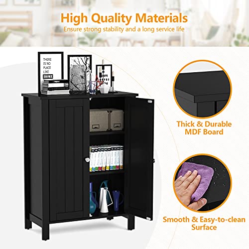 Tangkula Bathroom Floor Cabinet, with Double Door & Adjustable Shelf, 3 Tier Wooden Bathroom Storage Cabinet for Home Office, 23.5 x 12 x 31.5 Inches (Black)