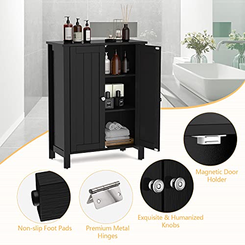 Tangkula Bathroom Floor Cabinet, with Double Door & Adjustable Shelf, 3 Tier Wooden Bathroom Storage Cabinet for Home Office, 23.5 x 12 x 31.5 Inches (Black)