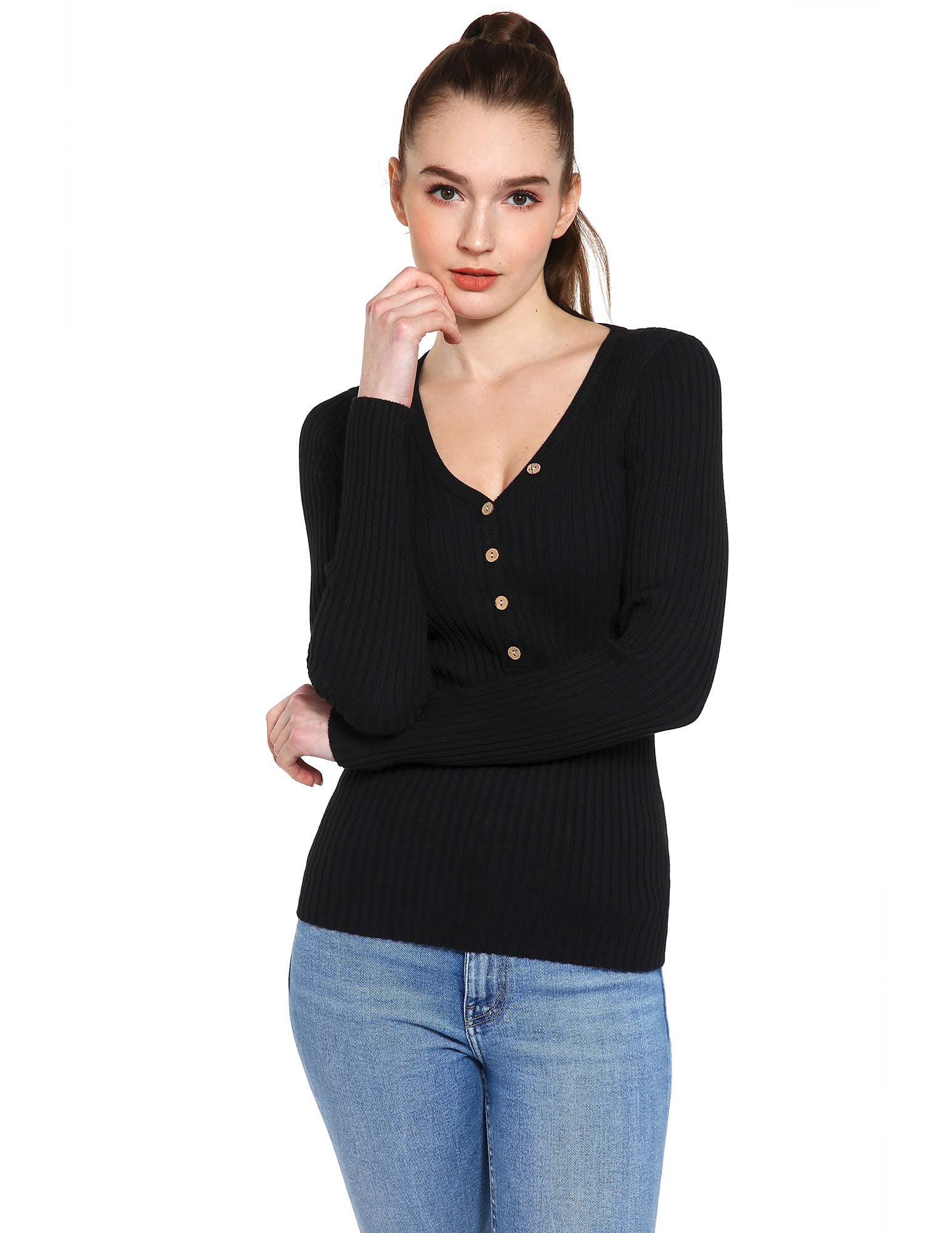 AmélieBoutik Women V Neck Henley Long Sleeve Pullover Ribbed Sweater (Black Medium)