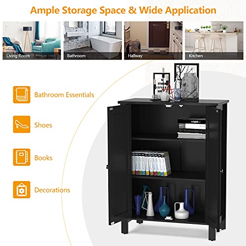 Tangkula Bathroom Floor Cabinet, with Double Door & Adjustable Shelf, 3 Tier Wooden Bathroom Storage Cabinet for Home Office, 23.5 x 12 x 31.5 Inches (Black)