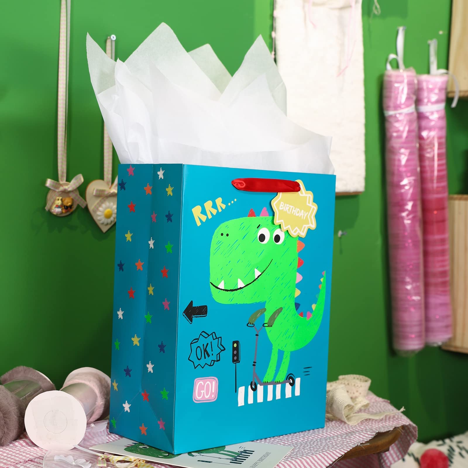 MAYPLUSS 13" Baby Boy Gift Bag Large Gift Bag with Birthday Card and Tissue Paper - Dinosaur Patterns for Boys, Baby Shower, Birthday,Party, and More