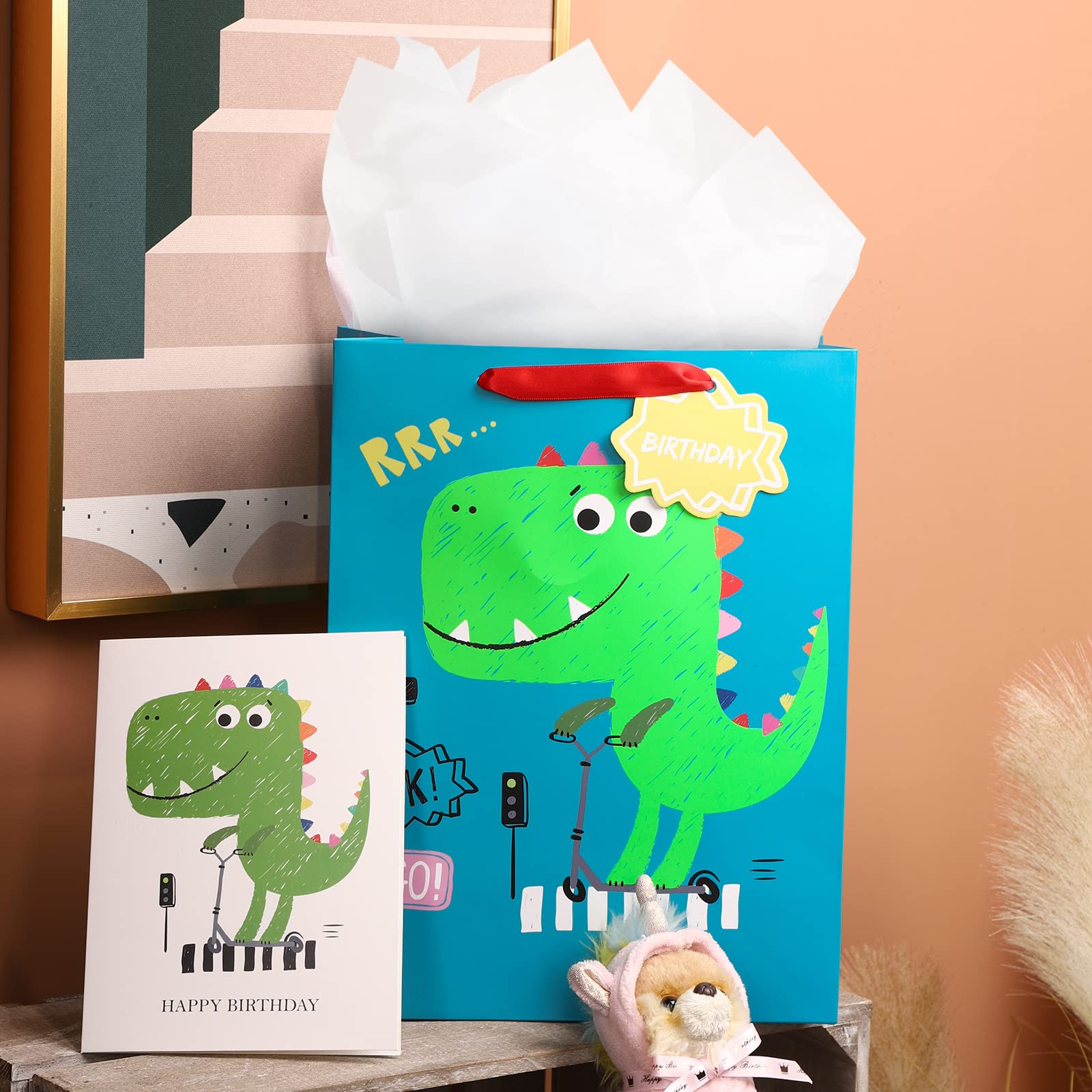 MAYPLUSS 13" Baby Boy Gift Bag Large Gift Bag with Birthday Card and Tissue Paper - Dinosaur Patterns for Boys, Baby Shower, Birthday,Party, and More