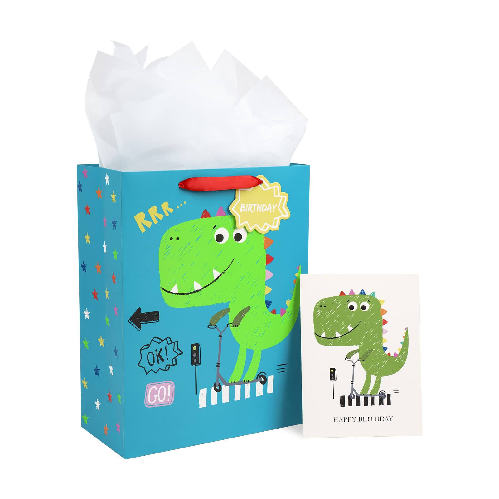 MAYPLUSS 13" Baby Boy Gift Bag Large Gift Bag with Birthday Card and Tissue Paper - Dinosaur Patterns for Boys, Baby Shower, Birthday,Party, and More