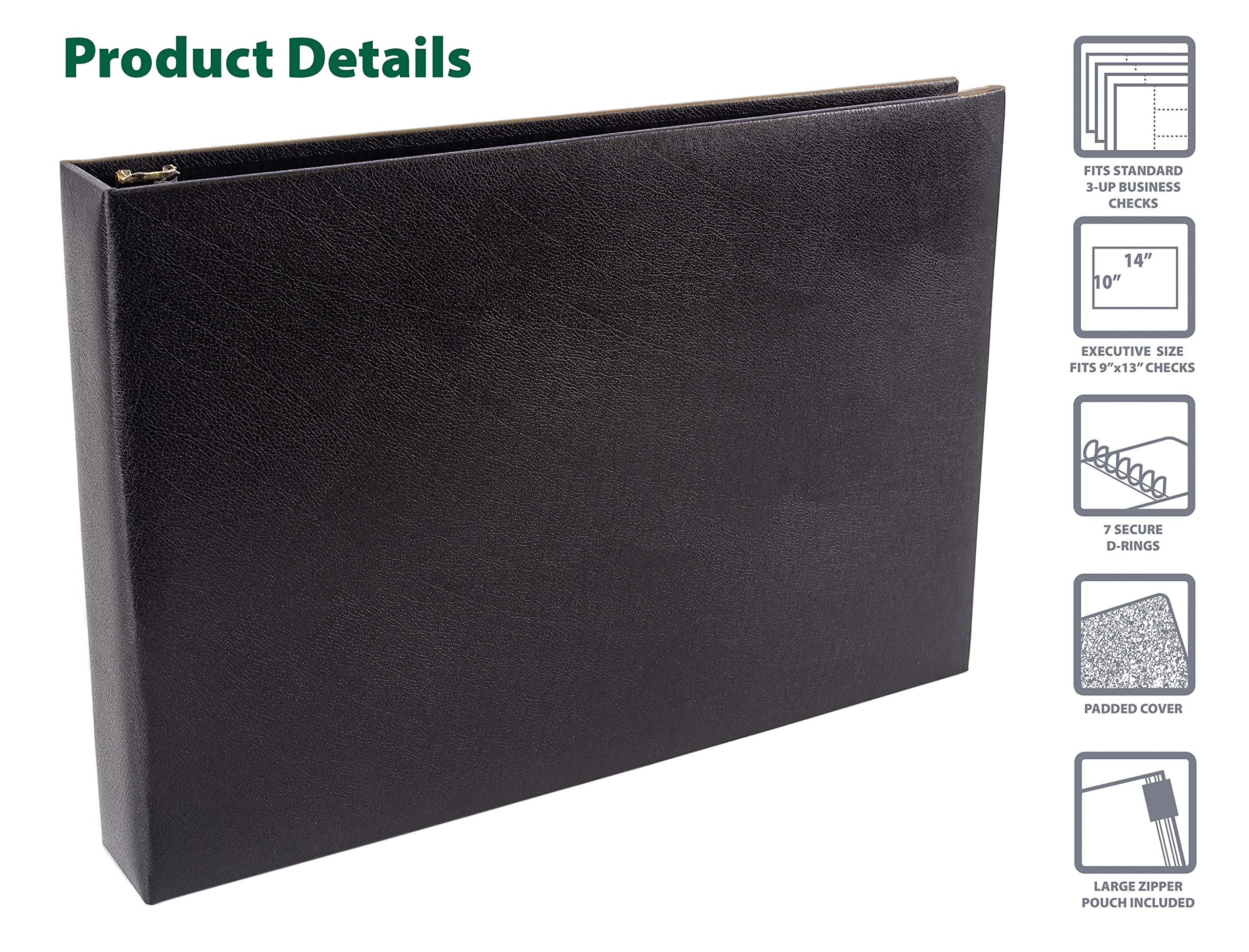 Better Office Products 7 Ring Executive Check Binder with Zipper Pouch, Black Textured Cover, for 9 x 13 3 Per Page Business Checks, 600 Check Capacity Checkbook Holder,