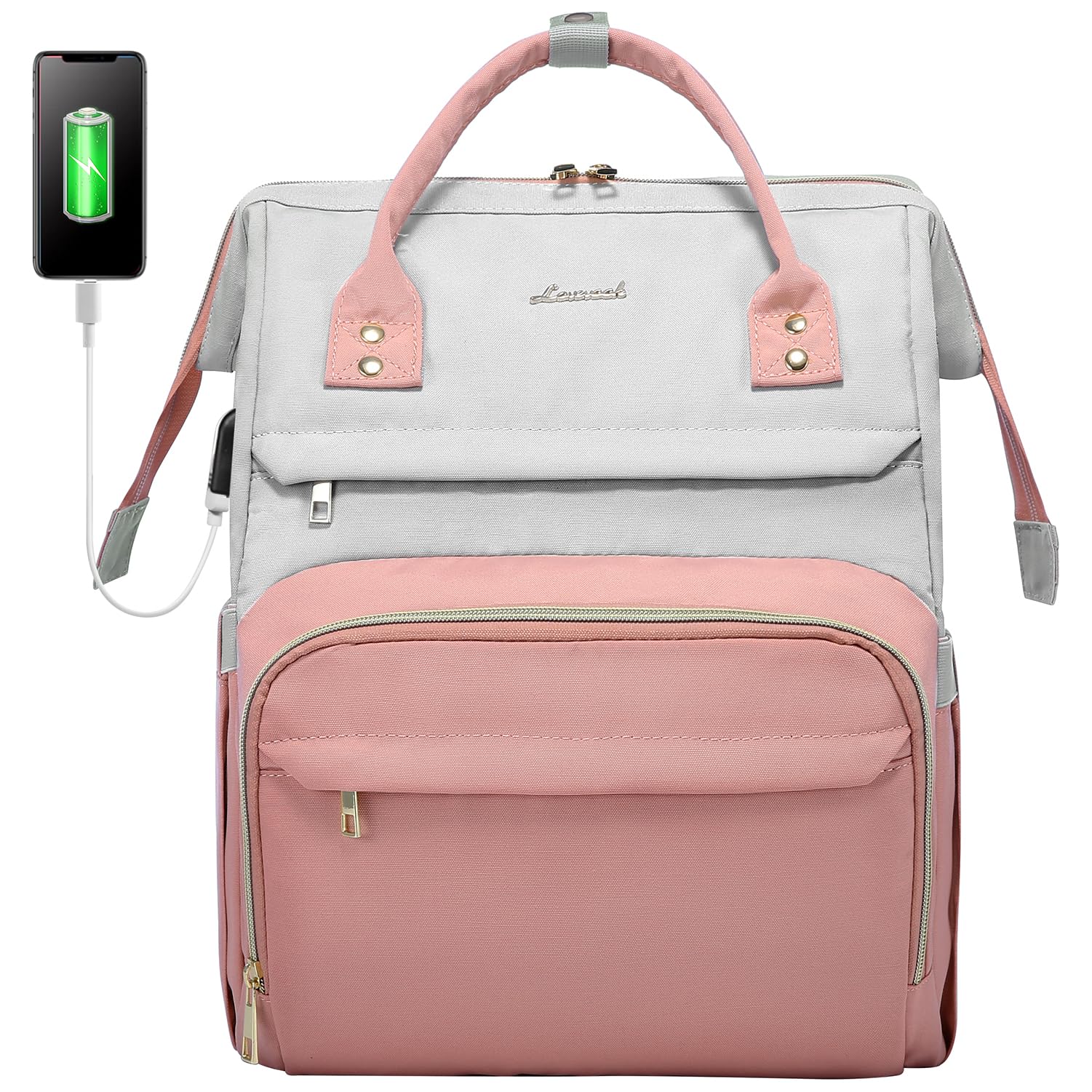 LOVEVOOK Laptop Backpack for Women Fashion Business Computer Backpacks Travel Bags Purse Doctor Nurse Work Backpack with USB Port, Fits 17-Inch Laptop, Light Grey-Pink