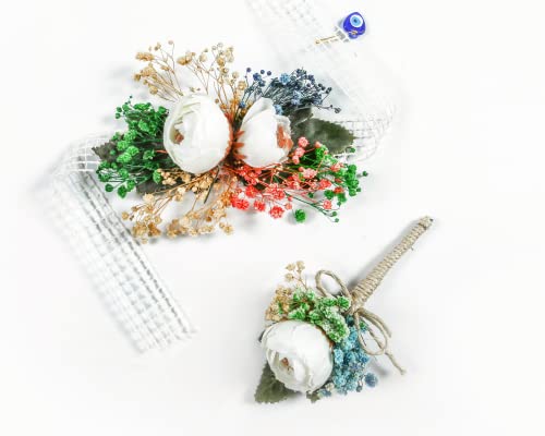PRIMEART Corsage and Boutonniere Set of 2, 1 Corsages for Wedding,1 Boutonniere for Men Wedding, Gift Set White Roses for Groom Boutonniere, Corsage Wristlet, Wrist Corsage for Prom