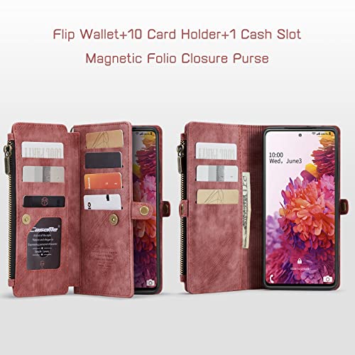 Defencase Compatible with Samsung Galaxy S20 FE 5G Case Wallet with Card Holder for Women Men, PU Leather Magnetic Snap Flip Zipper Strap Wallet Case Fit for Galaxy S20 FE, Fashion Red