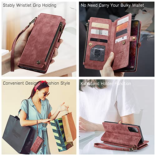 Defencase Compatible with Samsung Galaxy S20 FE 5G Case Wallet with Card Holder for Women Men, PU Leather Magnetic Snap Flip Zipper Strap Wallet Case Fit for Galaxy S20 FE, Fashion Red