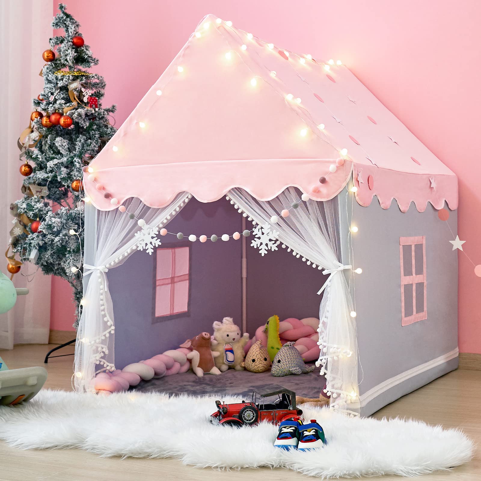 Princess Tent for Girls with LED Fairy Lights, Kids Play Tent Large Playhouse, Indoor Tent Castle for Kids,Outdoor Kids Toddlers Playhouse Imaginative Child’s Game Play Tent Decoration Pink