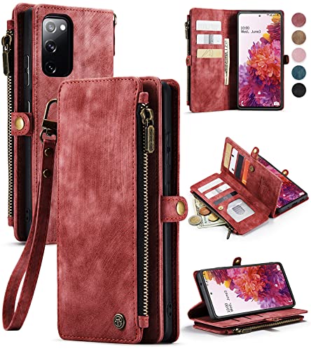 Defencase Compatible with Samsung Galaxy S20 FE 5G Case Wallet with Card Holder for Women Men, PU Leather Magnetic Snap Flip Zipper Strap Wallet Case Fit for Galaxy S20 FE, Fashion Red