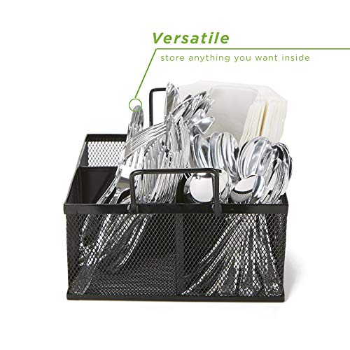 Mind Reader 4-Section Metal Mesh Storage Caddy, Kitchen Utensil Holder, Flatware and Silverware Organizer, Napkin Holder, Black