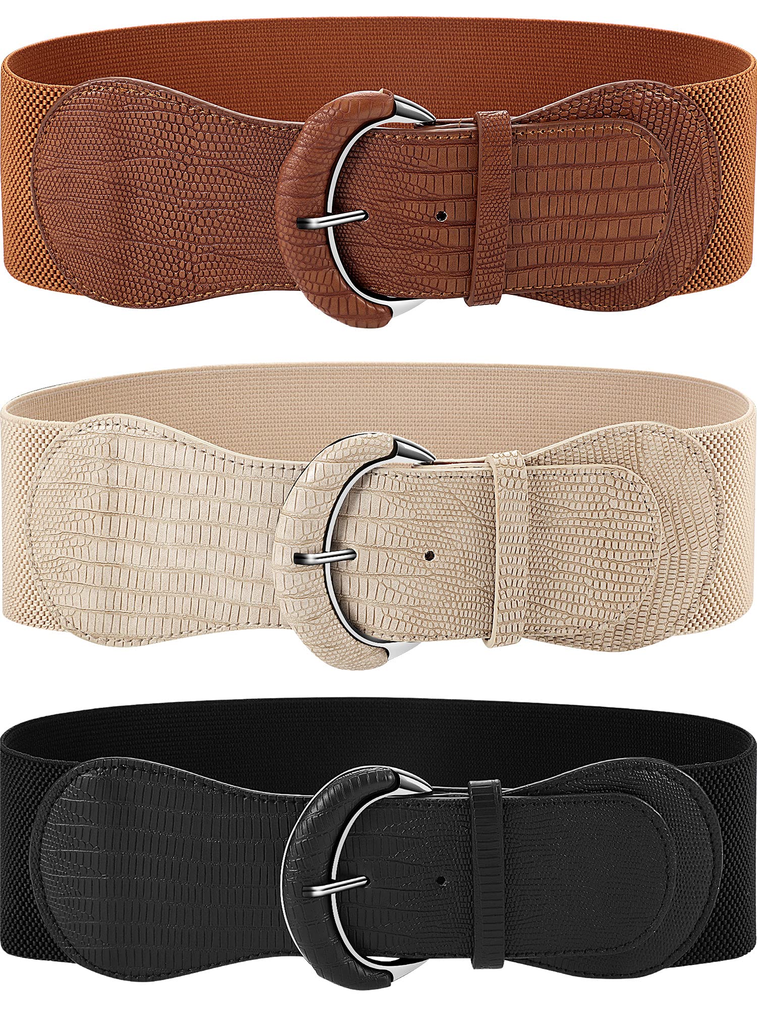 SATINIOR 3 Pieces Women Wide Elastic Belt for Dress Women Stretchy Cinch Leather Belt for Ladies Dress Decoration(L,Black, Brown, Beige)