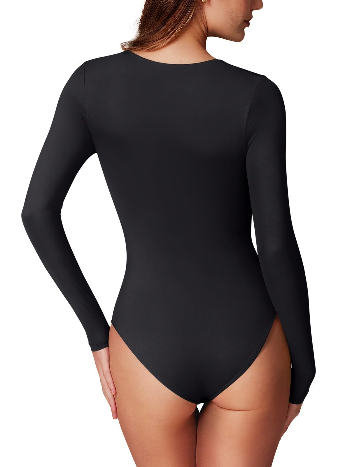 Womens Sexy Square Neck Double Lined Seamless Fitted Shirts Stretchy Long Sleeve Bodysuit Tops Black Medium