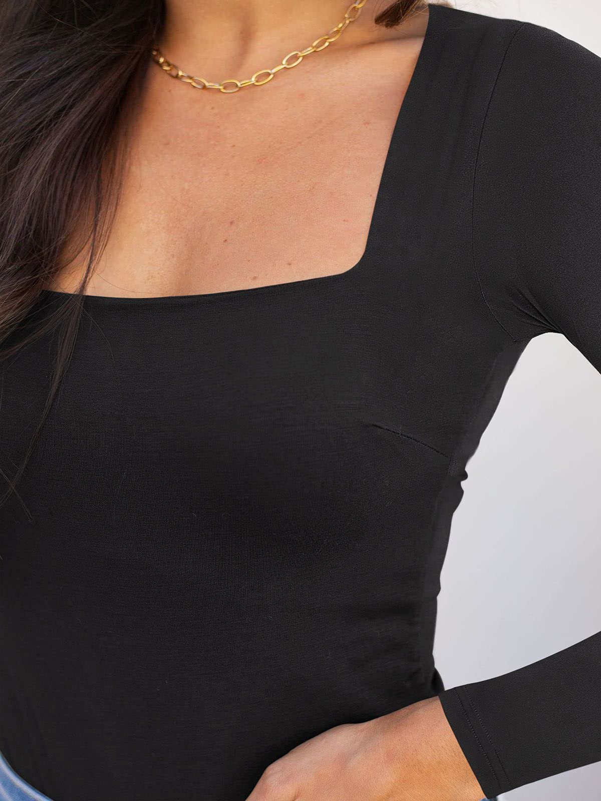 Womens Sexy Square Neck Double Lined Seamless Fitted Shirts Stretchy Long Sleeve Bodysuit Tops Black Medium