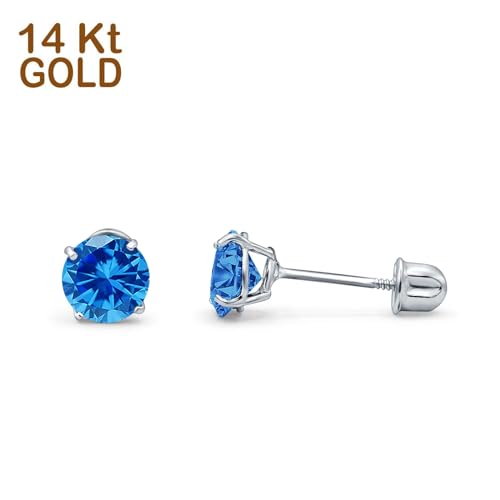 14k White Gold Round Solitaire Stud Earrings with Screw Back Blue Topaz CZ Size-4mm