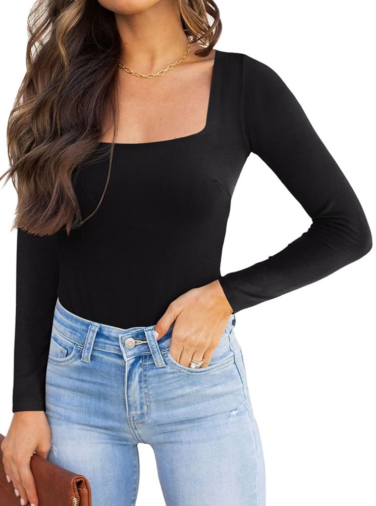 Womens Sexy Square Neck Double Lined Seamless Fitted Shirts Stretchy Long Sleeve Bodysuit Tops Black Medium