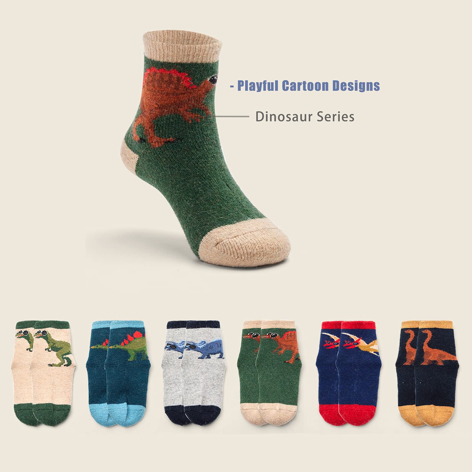 Boys Wool Socks Kids Thick Winter Socks Thermal Crew Socks for Boys 6 Pairs Dinosaurs Size 6-8 Years