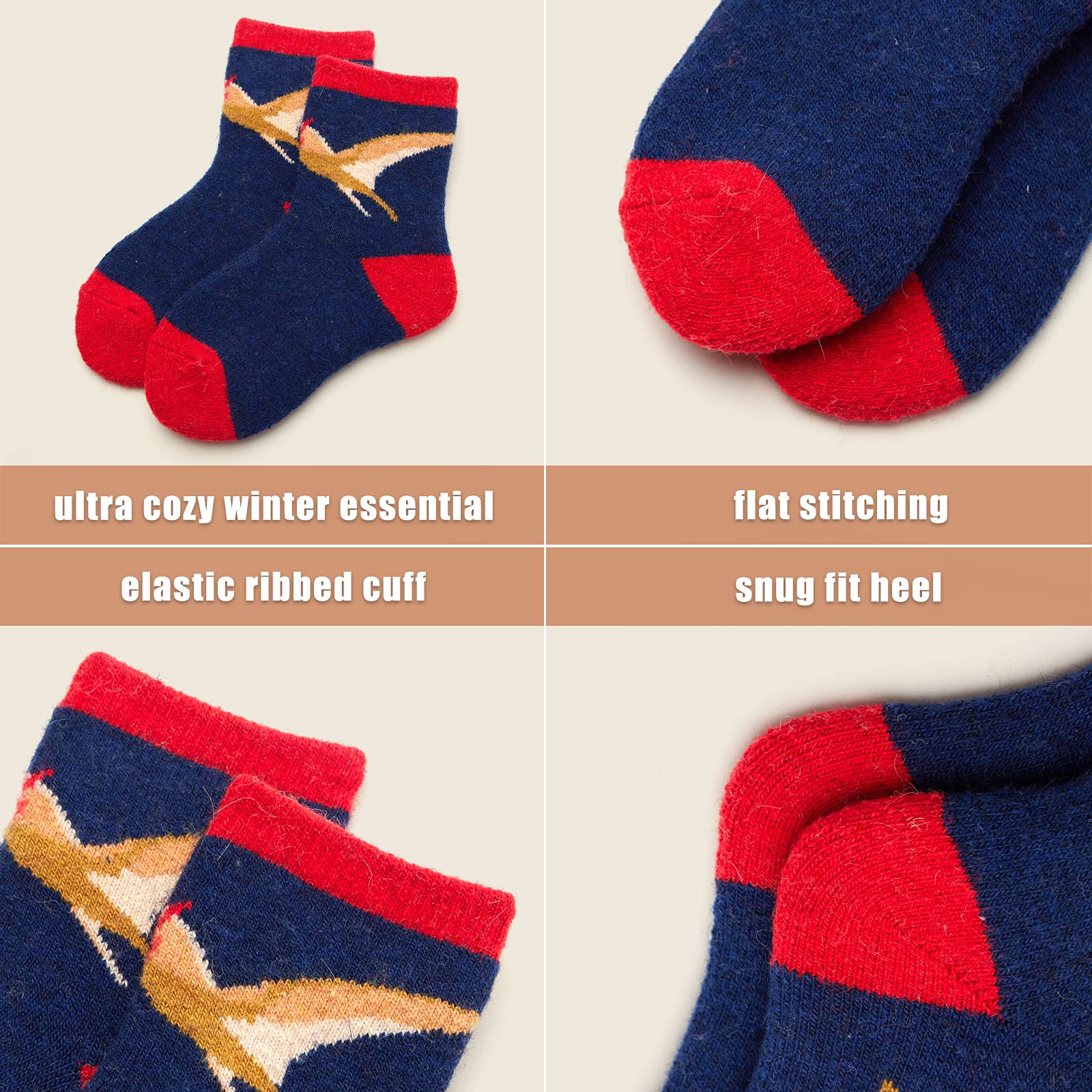 Boys Wool Socks Kids Thick Winter Socks Thermal Crew Socks for Boys 6 Pairs Dinosaurs Size 6-8 Years