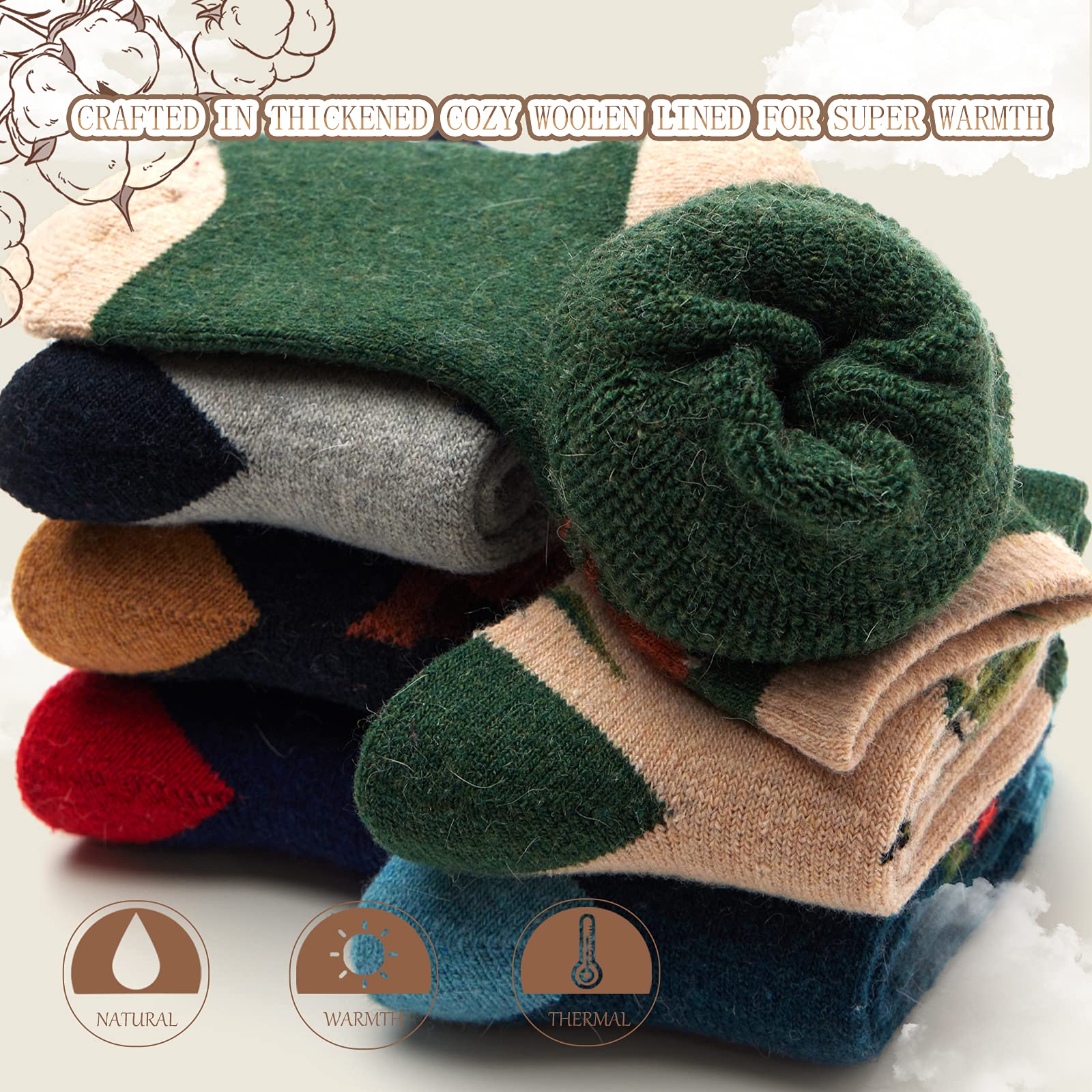 Boys Wool Socks Kids Thick Winter Socks Thermal Crew Socks for Boys 6 Pairs Dinosaurs Size 6-8 Years
