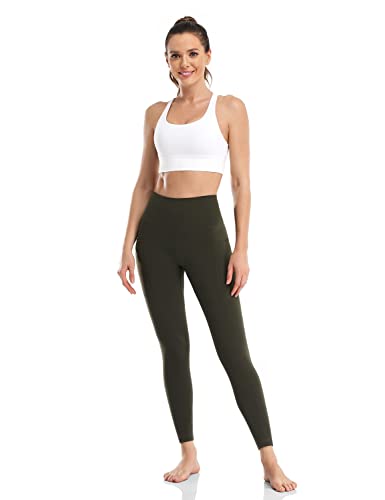 HeyNuts Leggings with Pockets for Women, High Waisted 7/8 Leggings Tummy Control Compression Workout Buttery Soft Pants 25'' Dark Olive L(12)