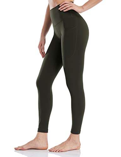 HeyNuts Leggings with Pockets for Women, High Waisted 7/8 Leggings Tummy Control Compression Workout Buttery Soft Pants 25'' Dark Olive L(12)