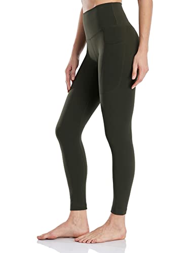 HeyNuts Leggings with Pockets for Women, High Waisted 7/8 Leggings Tummy Control Compression Workout Buttery Soft Pants 25'' Dark Olive L(12)
