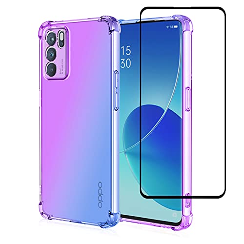 SHYXGLON for Oppo Reno 6 Pro Plus 5G Case, Oppo Reno6 Pro Plus 5G Case and Screen Protector Tempered Glass Transparent Ultra Thin Glitter Bumper Anti-Yellow Crystal Clear Cover (Purple/Blue)
