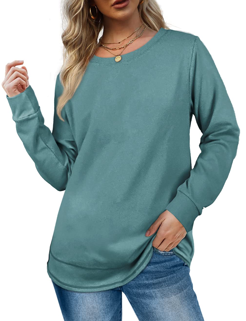 Dofaoo Sweatshirts for Women Crewneck 2024 Fall Tops Lightweight Sweater Solid Color Green XL